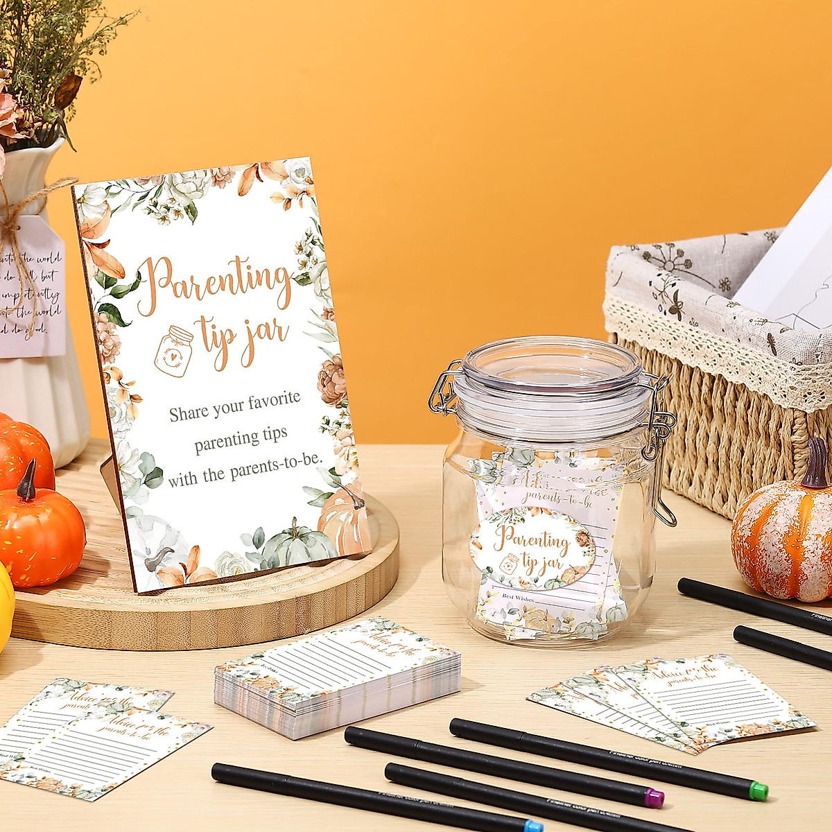 Suzile 76 Pcs Baby Shower Game Prizes Advice Baby Shower to Baby Parenting Tip Jar Sign for New Parents 60 Cards 12 Pens 2 Cute Stickers 1 Pet Bottle for New Parents Guest Party(Pumpkin Theme)