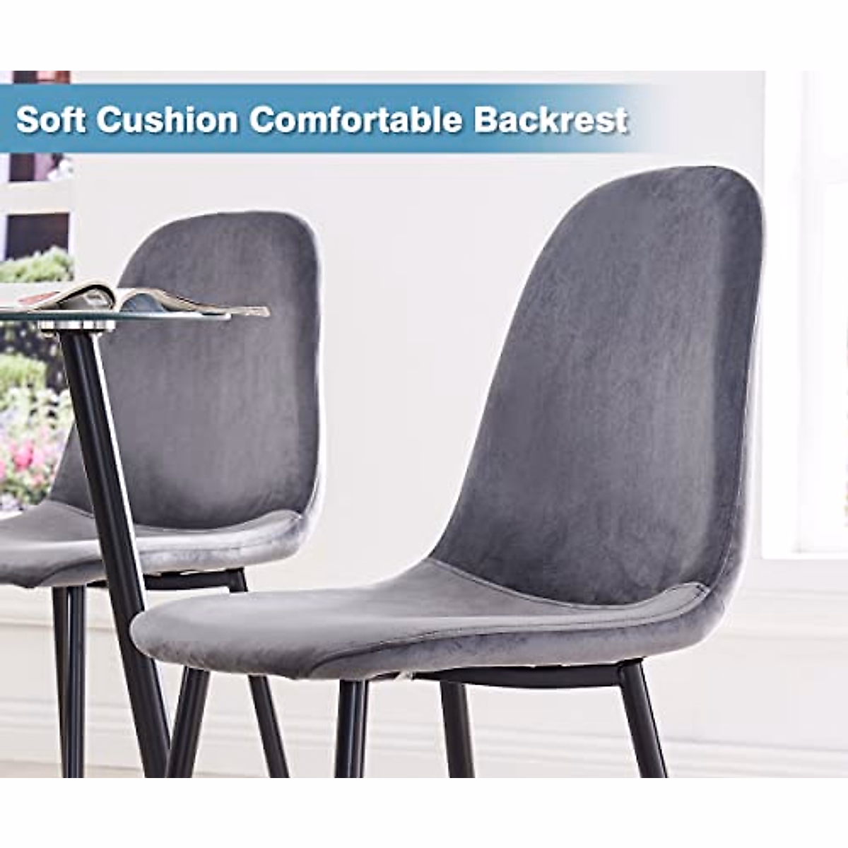 STYLIFING Dining Table Set for 4 Modern 5 Pieces Dining Room Set Mid Century Round Tempered Glass Kitchen Table and 4 Deep Grey Modern Velvet Fabric Upholstered Kitchen Chair with Metal Legs