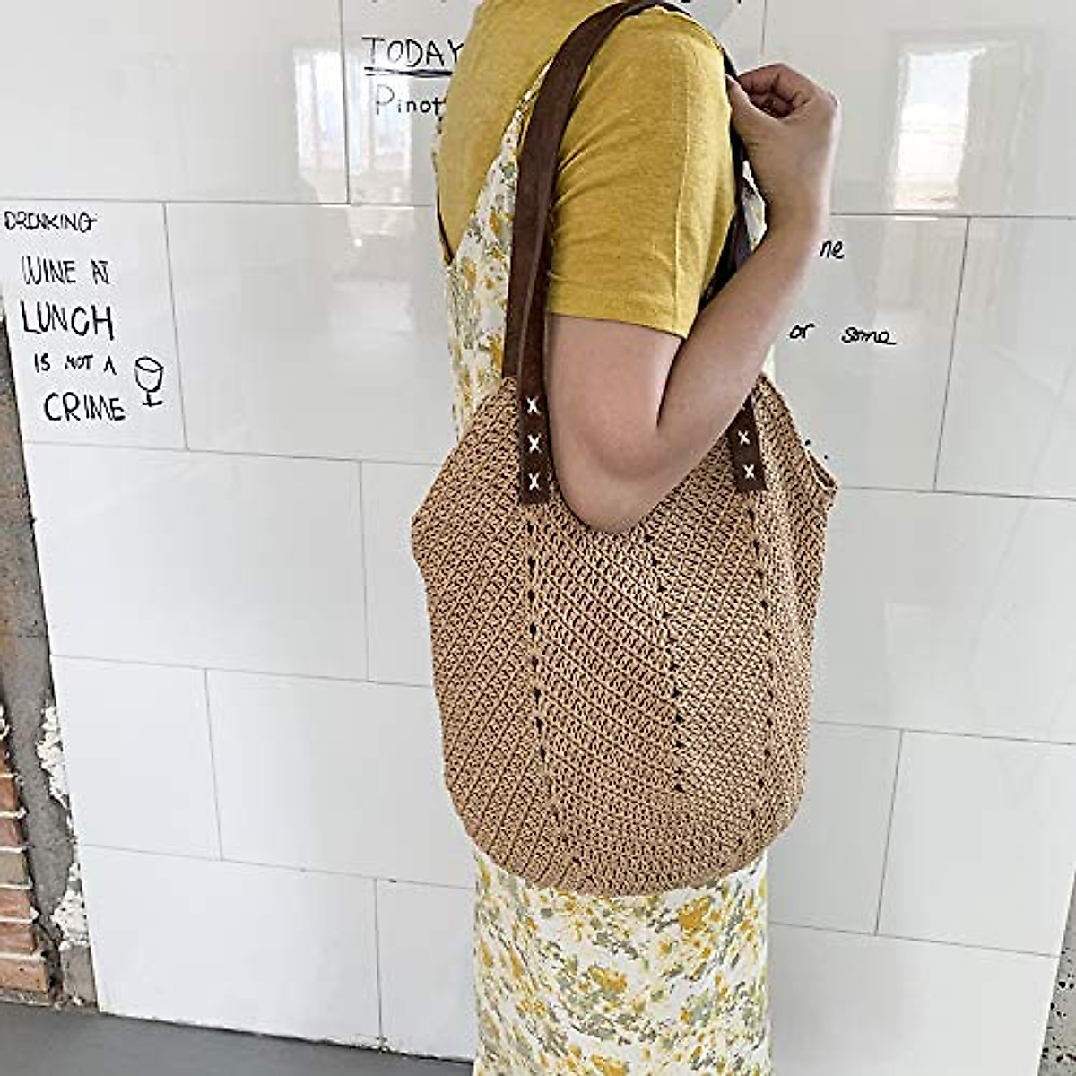 QTKJ Hand-woven Soft Boho Women's Summer Crochet Beach Shoulder Bag PU Leather Handle Woven Handbag for Women (Brown)