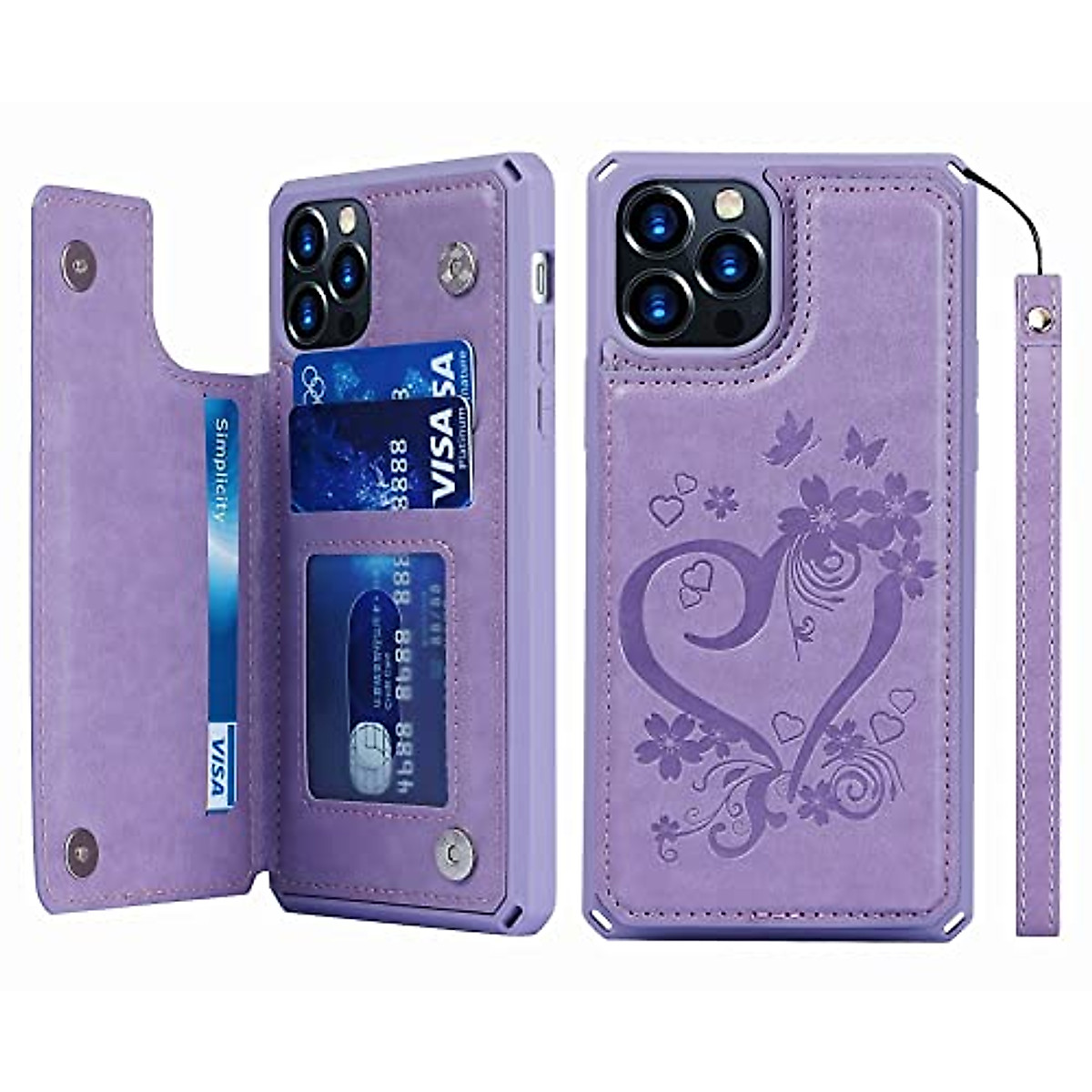 iCoverCase for iPhone 12 Pro Max Wallet Case with Card Slots Holder and Wrist Strap [RFID Blocking] Embossed Leather Kickstand Magnetic Clasp Shockproof Cover 6.7 Inch (Heart Purple)