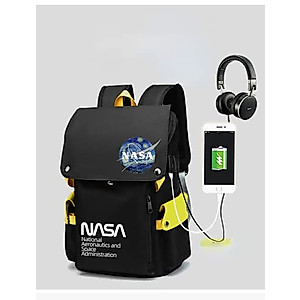 MOUNSHET NASA backpack logo astronaut USB charging + headphone hole casual bag unisex travel bag large capacity laptop bag (blue,18.9? X13.4?X 8.37")