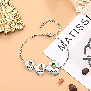Luxladis Personalized Custom Name Heart Bracelet with 1-6 Birthstones Love Bracelet for Women Engraved Names Link Bracelets for Mother's Day Mom Girls (3 names)