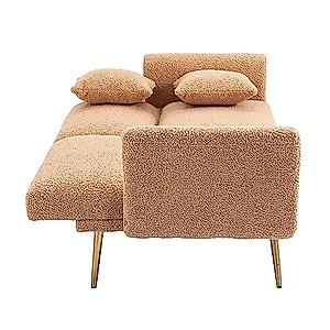 Eafurn Sherpa Teddy Futon Sofa Bed, Modern Boucle Upholstered Comfy Loveseat Couch Sleeper Sofabed with Golden Metal Legs and Throw Pillows, Small Folding Sofa&Couch for Home Office, Camel 65.35"