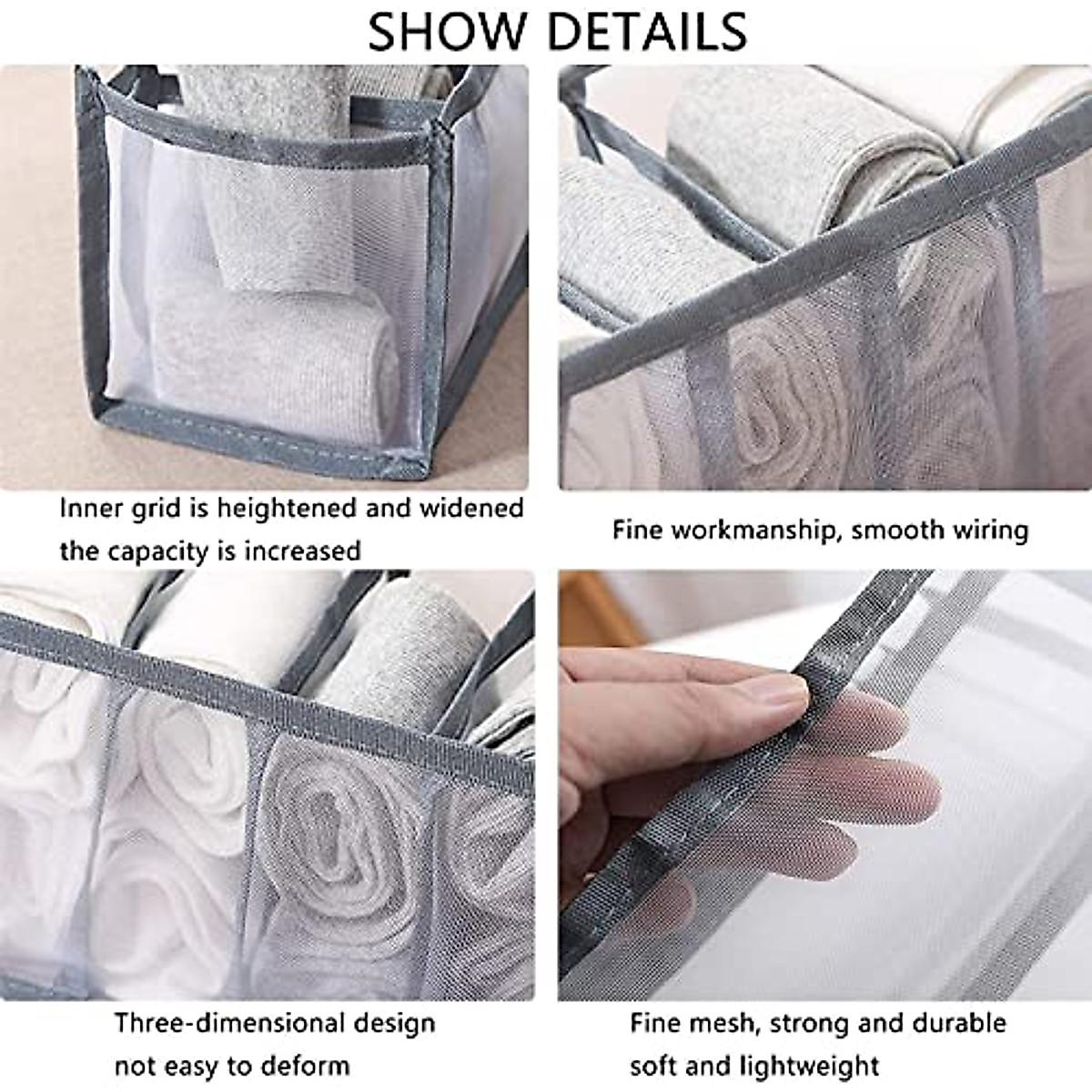4 Pcs Sock Underwear Drawer Organizer Dividers, Underpants Closet, Nylon Foldable Dresser Storage organization, Storage Bins Basket Organizers for Bras Socks Underpants Panties and Ties Grey