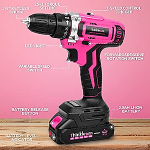Pink Cordless Drill Set, 20V Lithium-ion Power Drill Set for Women with 67Pcs Drill Driver Bits, 3/8"Keyless Chuck, 25+1 Position Electric Drill, 2.0Ah Battery, Fast Charger and Storage Bag Included