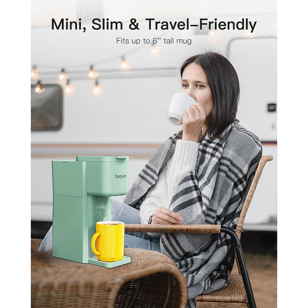 Tastyle Mini Single Cup Coffee Maker, Hot and Iced Coffee Maker for K Cup and Ground, 6 to14 Oz Brew Sizes, with Recipe Book, One Cup Small Pod Coffee Machine for Travel, RV, Dorm and Desk,Green