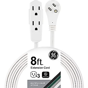 GE home electrical Indoor Extension Cord, 8 Ft Power Cable, 3 Grounded Outlets, 3-Prong, Low-Profile Flat Plug, 16 Gauge, UL Listed, White, 50251