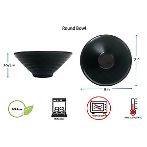 Z-Moments Melamine Round Bowls Japanese Ramen Vietnam Pho Noodles Soup Rice Bowls Set, Black, 5.5", 7", 8", 9", Black #LJB (24, 9" (44 oz))
