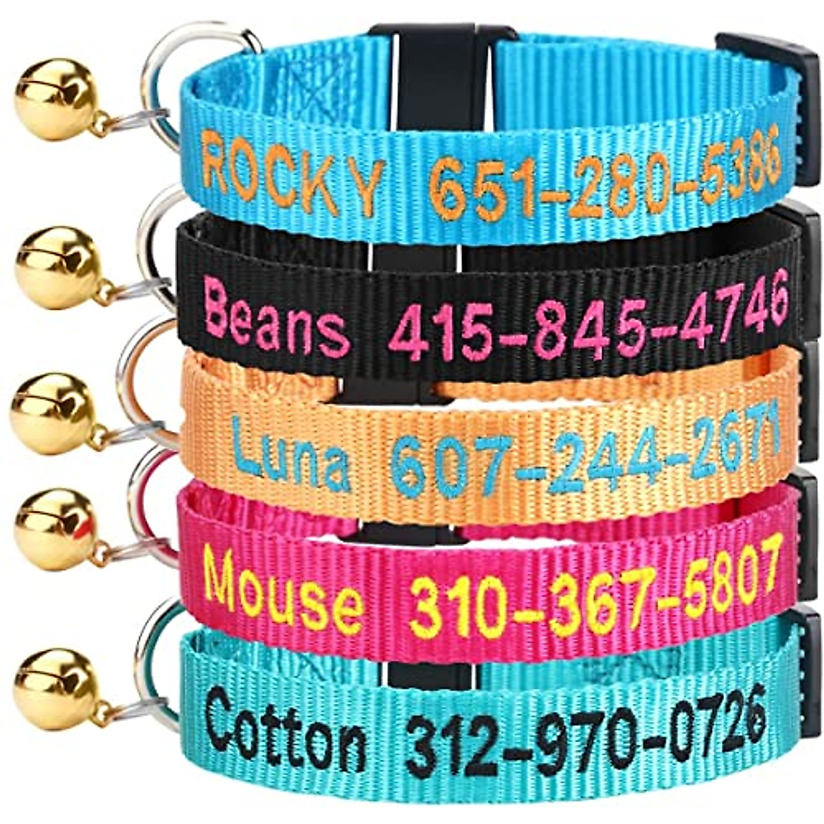 Personalized Cat Collar with Bell,Custom Cat Collars with Name and Phone Number Adjustable Nylon Embroidered ID Collar for Cat with Breakaway Safety Release Buckle