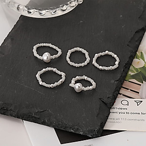 LARVOVUE 4 pcs White Pearl Adjustable Rings for Women and Handmade Stacking Stackable Beaded Rings (4 pcs White Pearl)