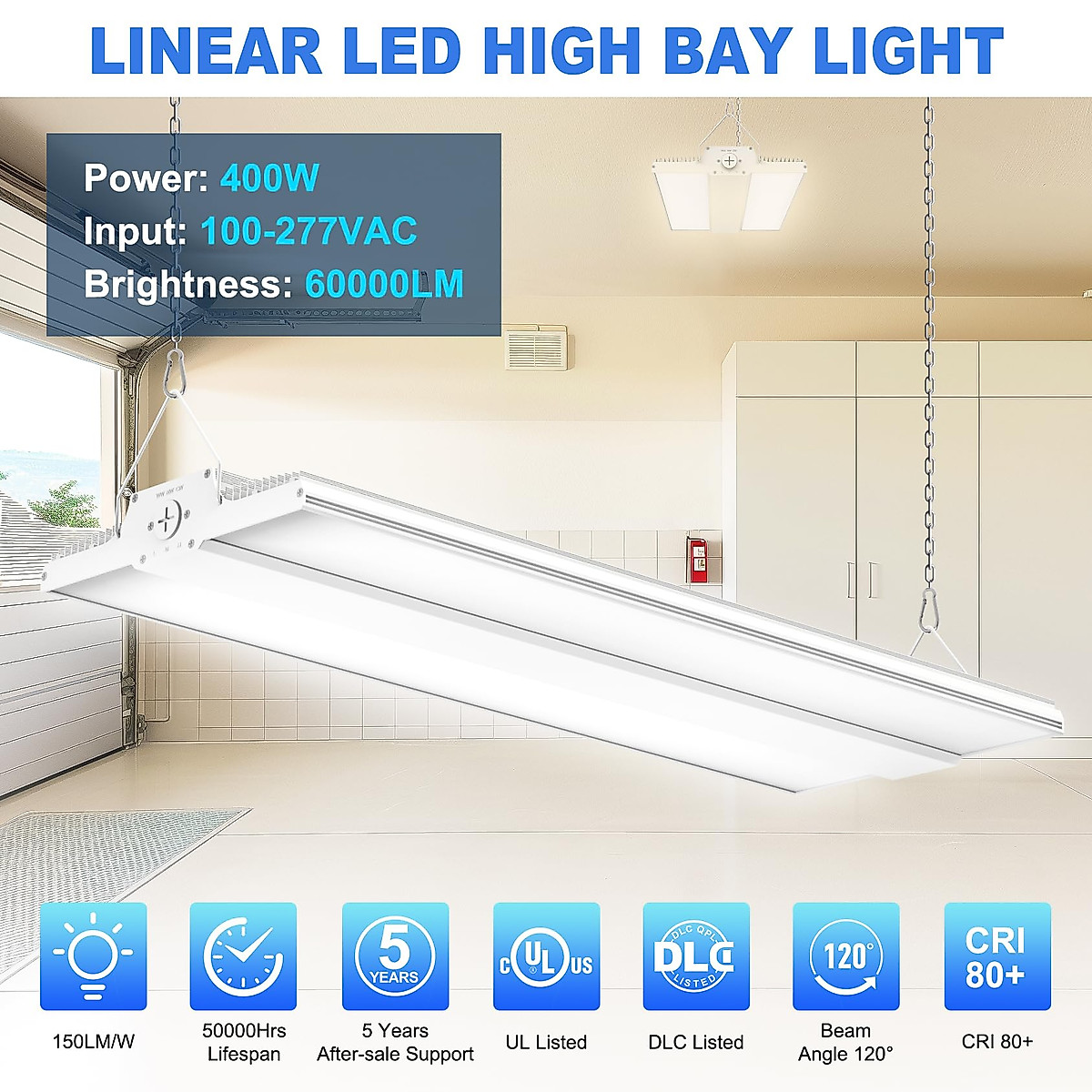 Linear High Bay Shop Light 3 Wattage Adjustable, UL DLC Listed, 3000K/4000K/5000K LED High Bay Light, 150LM/W, AC100-277V, Commercial Bay Lighting for Warehouse Shop Garage(400W/320W/240W)