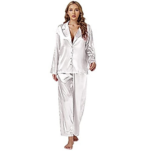LYANER Women's Satin Silky Pajama Set Long Sleeeve Top With Long Pants Set PJ Loungewear White Small