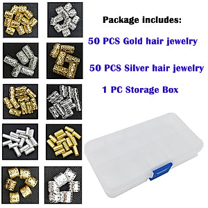 100 PCS Gold Hair Cuffs Hair Beads for Girls Silver Hair Jewelry for Braids Accessories, Flosius Hair Charms for Braids Dreadlock Accessories Loc Jewelry for Black Women