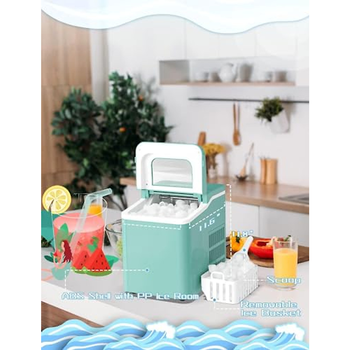 ARLIME Countertop Ice Maker Machine Portable Compact Ice Cube Maker, 9 Ice Ready in 8 Mins, 26Lbs/24H, Self-Cleaning Electric Ice Maker with Scoop and Basket for Home, Office, Party, Bar (Green)