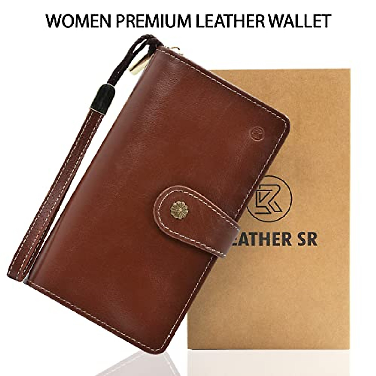 Leather SR Womens Wallet Large Capacity Genuine Leather RFID Blocking Trifold Ladies Wristlet 24 Credit Card Holder Purse With Zipper Coin Pocket (Chestnut Brown Color)