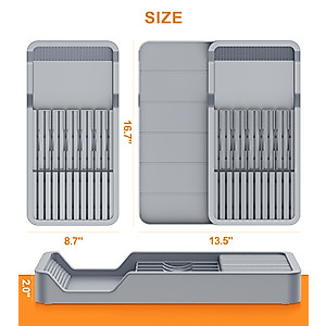 RISHTEN Kitchen Knife Drawer Organizer Grey, In Drawer Knife Block Holder with Expandable Cutlery Tray Compact Organization Drawer Storage Holds Up To 11 Knives (Including Hooks&Sponges)