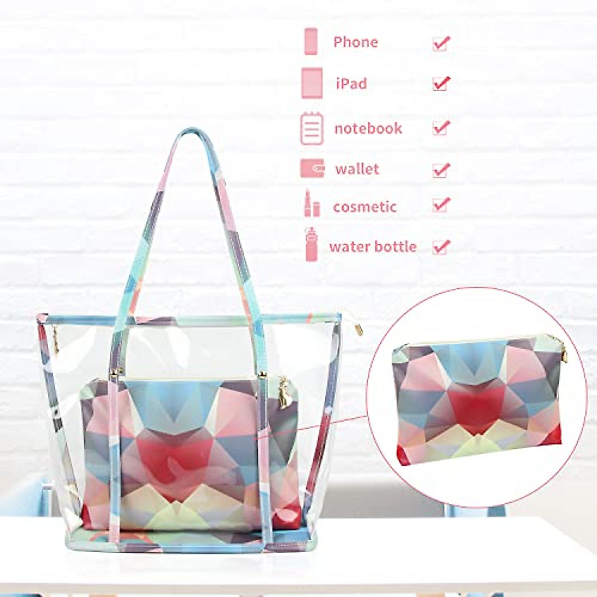 MICOM Clear Purse PVC Transparent Bag Work Handbags for Women Girls (Pink)