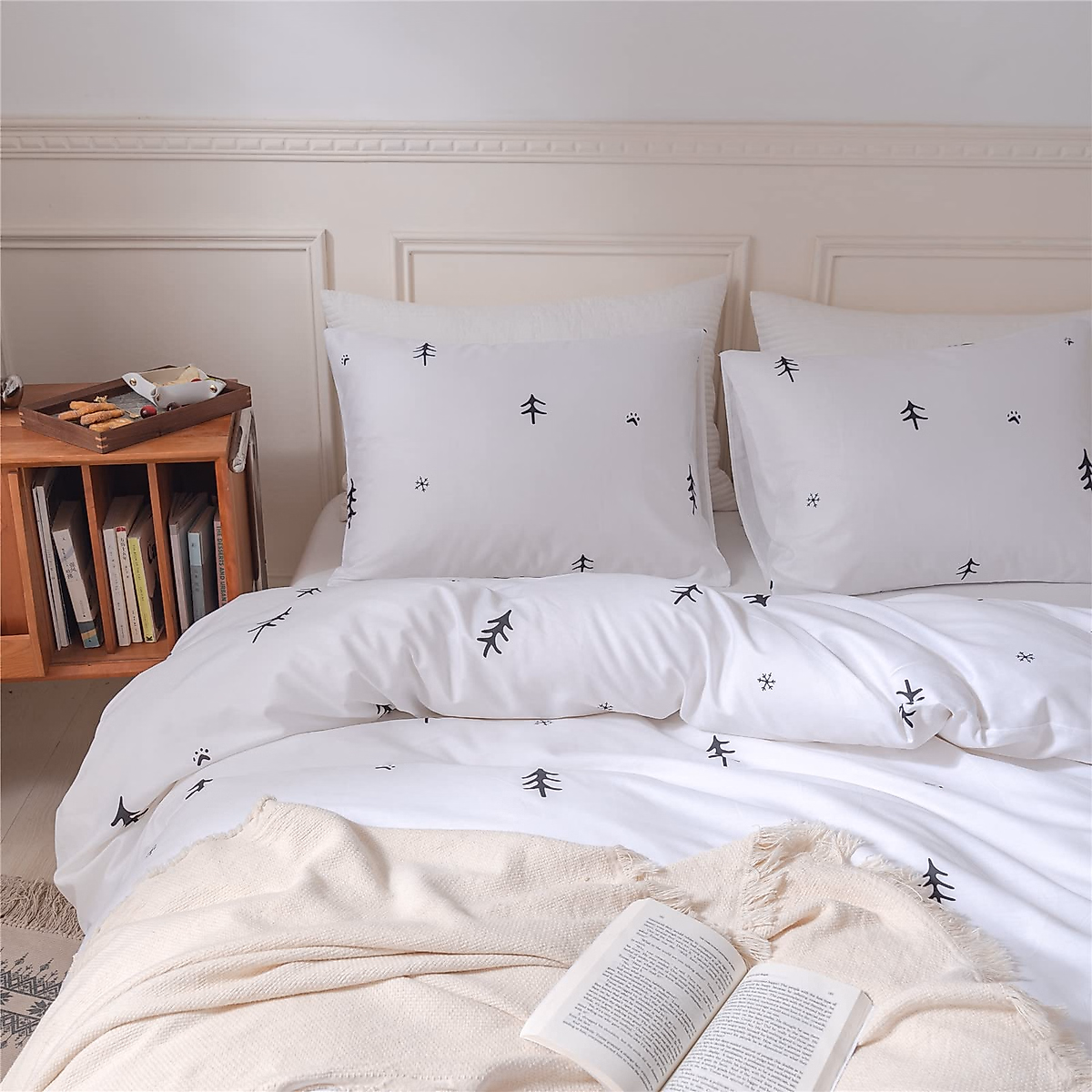 BuLuTu Kids Duvet Cover Full Cotton White/Grey,Premium Boys Girls Bedding Sets Queen,Double Bed Comforter Cover Zipper Closure,Forest Tree Print Pattern,Super Soft,Breathable,No Comforter