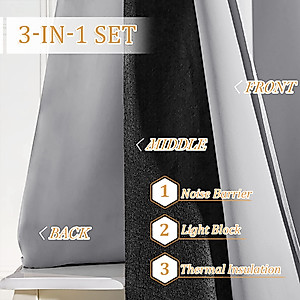 RYB HOME 100% Blackout Curtains with Noise Absorbing Liner, 3 Layers Soundproof Thermal Insulated Summer Drapes for Bedroom Living Room Baby Nursery, 52 x 63 inch, Sliver Grey, Set of 2