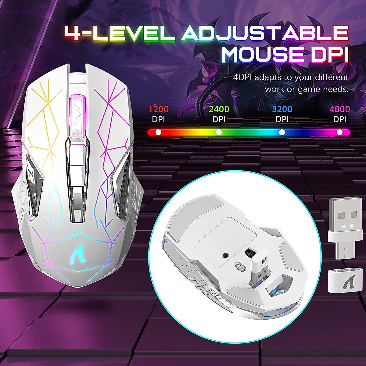2.4G Wireless Gaming Keyboard and Mouse,Type C/USB Dual Receiver,RGB LED Backlit,Rechargeable 4200mAh,Full Size Mechanical Feel,Silent Mice,Mouse Pad for PC,Laptop,Smartphone,PS4,PS5,Xbox(White)