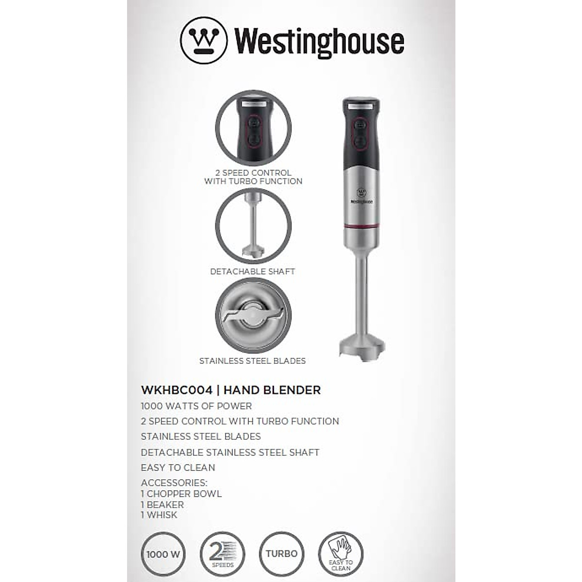Westinghouse 220 Volt Hand Blender 1000W - 3 in 1 Hand blender includes blending shaft, 500 ml chopper bowl, 700 ml beaker and whisk-220V 240V (Not For Use In USA)