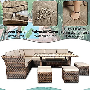 MEETWARM 7 Pieces Wicker Patio Furniture Set Outdoor Conversation Set All Weather Rattan Sectional Sofa Couch Garden Dining Table Chair Set with Ottoman (Brown)