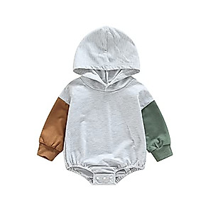 Newborn Infant Unisex Baby Boy Girl Clothes Hooded Oversized Sweatshirt Romper Long Sleeve Hoodie Tops Fall Winter Outfit ( Color Block Light Grey, 3-6 Months )