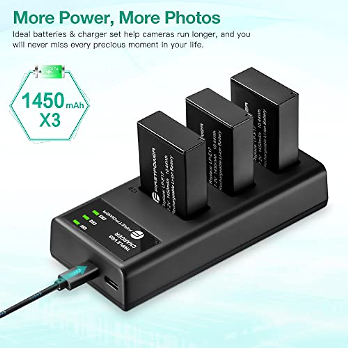 FirstPower LP-E17 Battery 3-Pack and Triple Slot Charger for Canon EOS RP, Rebel T8i, T7i, T6i, T6s, SL2, SL3, M3, M5, M6, 77D, 200D, 750D, 760D, 800D, 8000D, DSLR Cameras