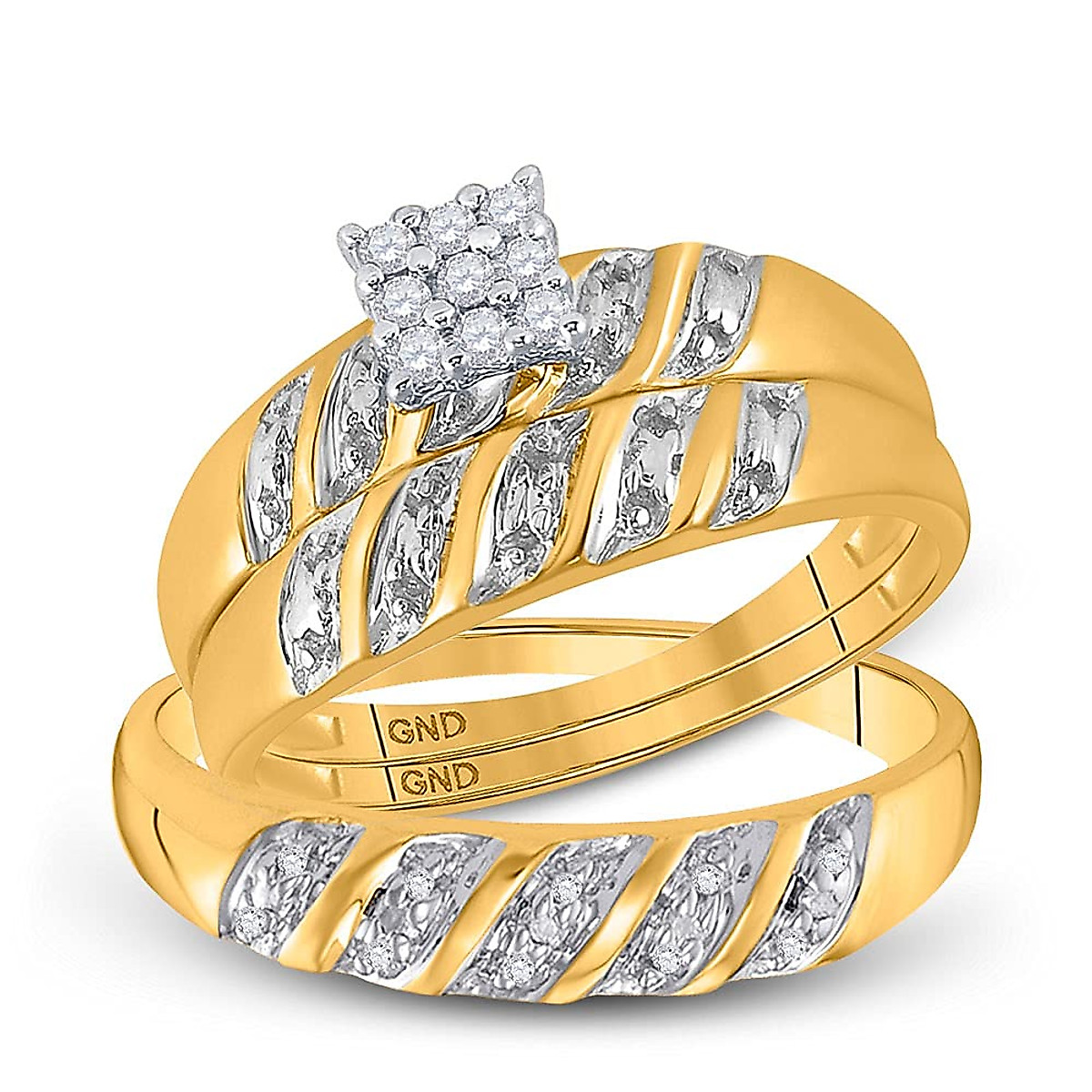 Sizes - L = 7, M = 10 - 10k Yellow and White 2 Two Tone Gold Mens and Ladies Couple His & Hers Trio 3 Three Ring Bridal Matching Engagement Wedding Ring Band Set - Round Diamonds - Princess Shape Center Setting (.09 cttw) - Please use drop down menu to se