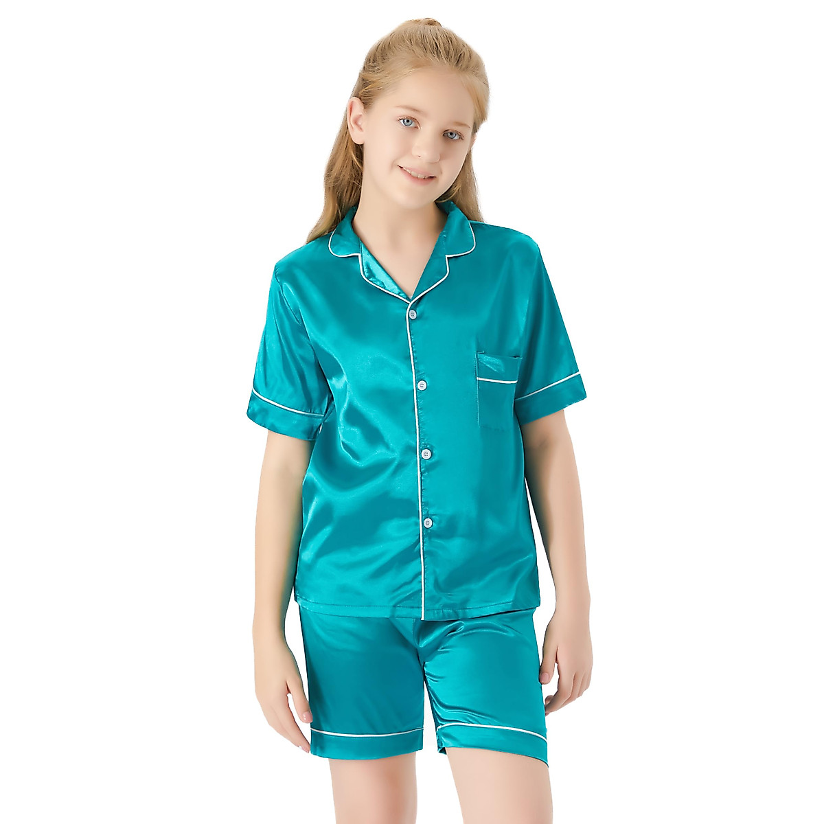 Topgal Big Girls Pajamas Size 10 – Lovely Teal Satin Short Sleeve & Shorts PJ Set Sleepwear