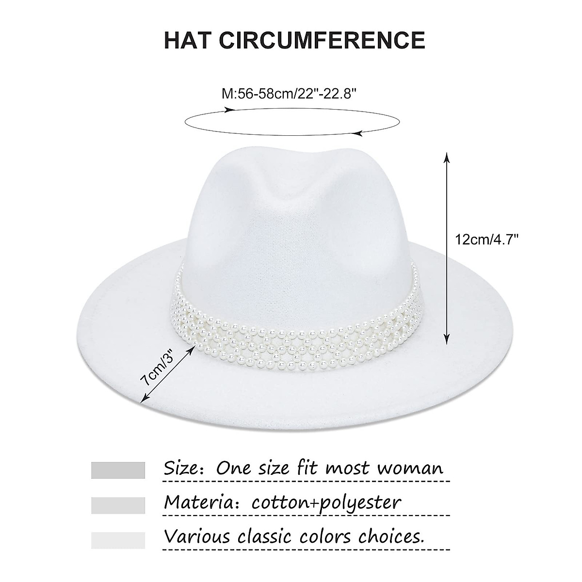 HUDANHUWEI Womens Wide Brim Fedora Hat with Pearl Band Lady Panama Hat A White