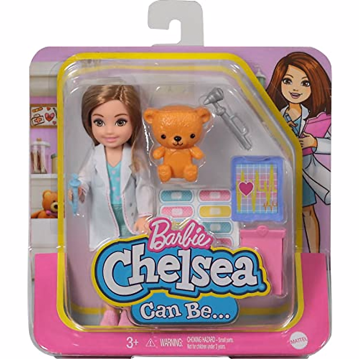 Barbie Chelsea Can Be Playset with Brunette Chelsea Doctor Doll (6-in), Clipboard, EKG Reader, Band-aid Stickers,2 Medical Tools, Teddy Bear, Great Gift for Ages 3 Years Old & Up