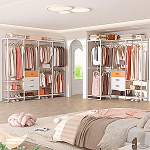 Cyclysio 84'' Heavy Duty Closet System, Large Wooden Garment Rack, L Shape Corner Walk-in Closet, Clothing Rack with Shelves, Closet Organizer System with 11 Shelves, 3 Wood Drawers, 6 Rod, White