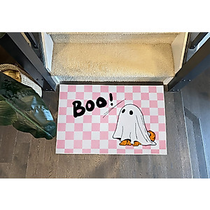 Twelve Studio Halloween Boo Doormat, Cute Spooky Ghost Dog Indoor Outdoor Welcome Mat, Washable Anti-Slip Rug for Entrance Kitchen Bathroom Halloween Decoration, 2’x3' Pink White Checkerboard