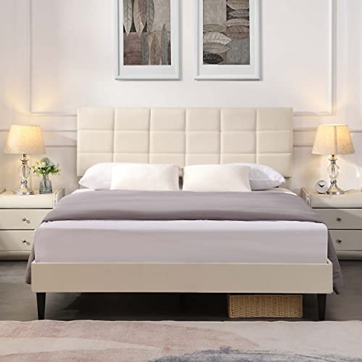 MWrouqfur Full Size Platform Bed Frame with Fabric Upholstered Headboard and Wooden Slats, No Box Spring Needed/Easy Assembly, Beige
