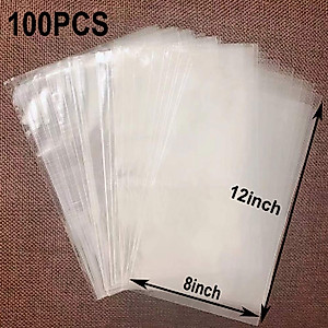 Cello Cellophane Treat Bags, 8 X 12 Inches Big OPP Clear Plastic Bags For Bakery, Popcorn, Cookies, Candies, Dessert with 6 Colors Twist Ties(100 Pieces Bags + 100 Pieces Twist Ties) (100, 8 X 12)