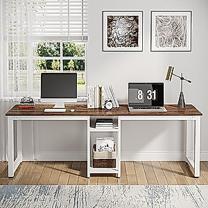 Tribesigns 78 Inches Computer Desk, Extra Large Two Person Office Desk with Shelf, Double Workstation Desk for Home Office (Brown/White)