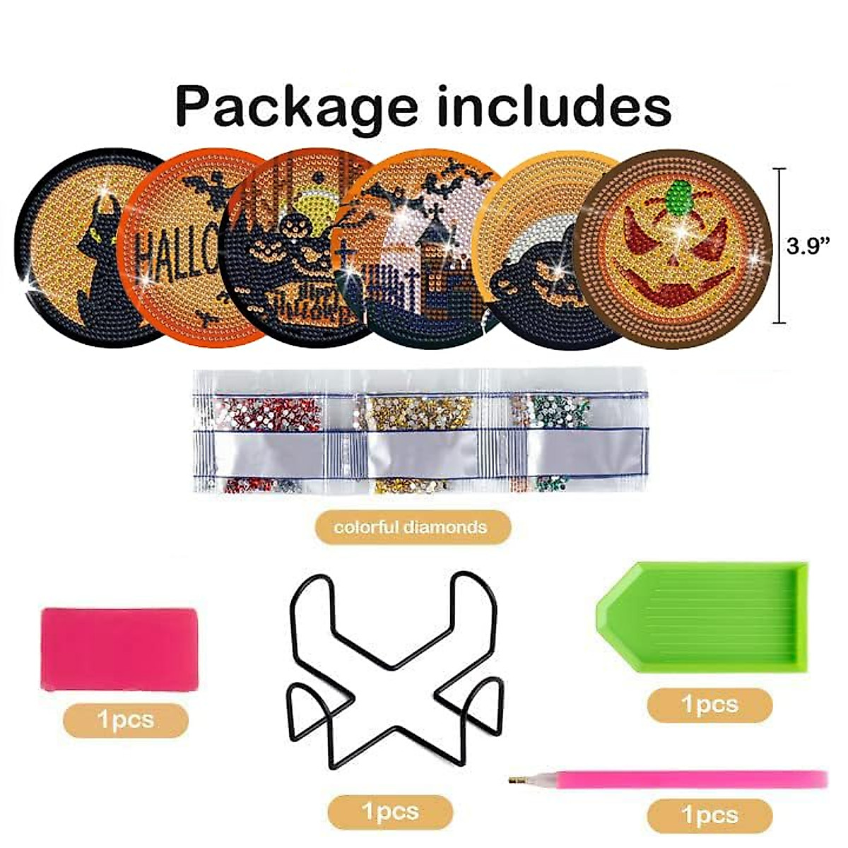 7 FloFairy Diamond Painting Coasters with Holder, Halloween DIY Diamond Art Kits for Beginners, Adults, Kids Small Diamond Painting Kit Art Craft Holiday Supplies (6PCS)