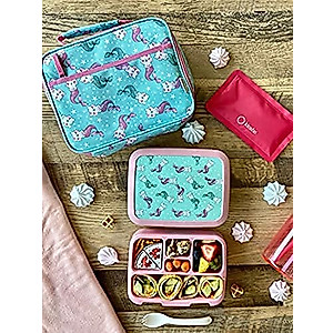 kinsho Bento Lunch Box and Matching Lunch Bag with Ice Pack Set for Girls, Toddlers (Pink Aqua Mermaid Cats)