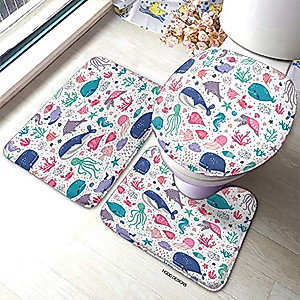 HGOD DESIGNS Sea Bath Mat Colorful Sea Life Cute Fish Jellyfish Starfish Octopus Seamless Pattern Bathroom 3 Piece Set Non-Slip Bathmat Antiskid Pad Doormat and Toilet Lid Cover Set