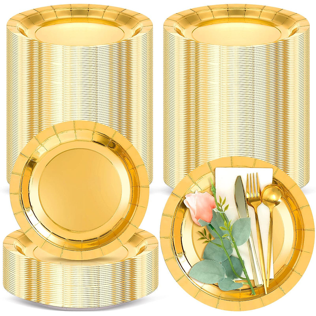 96 Pcs Disposable Gold Round Charger Plates 13 Inch Charger Dishes for Dinner Heavy Duty Golden Dessert Plates Disposable Party Serving Tray Food Paper Plates for Table Setting Wedding Birthday