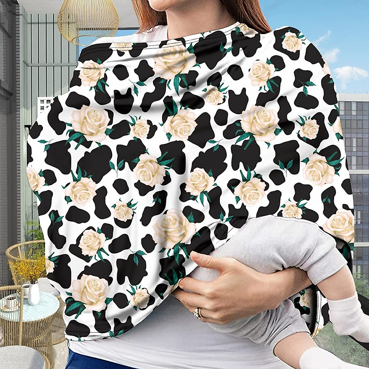 LedBack Flower Cow Print Stretchy Car Seat Cover for Babies,Nursing Cover Breastfeeding Cover,Soft Breathable Baby Carseat Canopy