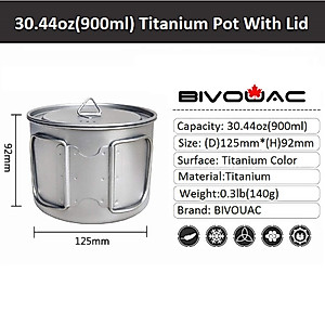 BIVOUAC 900ml Titanium Pot With Lid Titanium Cup titanium camping cookware Camp Pot Titanium Coffee Cup Backpacking