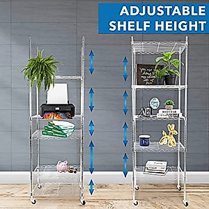 Mount-It! 5 Tier Wire Shelving with Wheels | - Rolling Garage Shelves, Closet Metal Racks with Shelves and Shelving or Utility Shelf for Laundry Room | Adjustable Shelf Height | No Tools Required