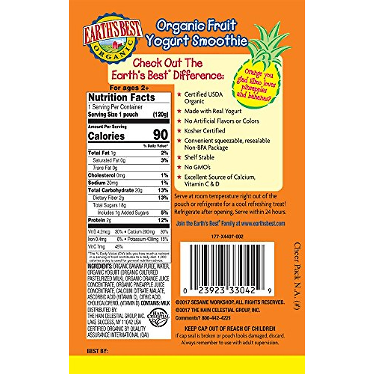Earth's Best Organic Sesame Street Toddler Fruit Yogurt Smoothie, Pineapple, Orange and Banana, 4.2 oz. Pouch (Pack of 12)