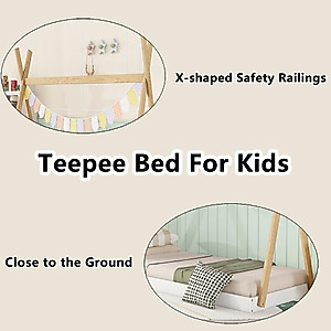 Bellemave Twin Size Tent Floor Bed Frame with Triangle Structure, Teepee Bed Platform Bed for Kids,Montessori Floor Bed for Girls Boys(Twin,White+Natural)