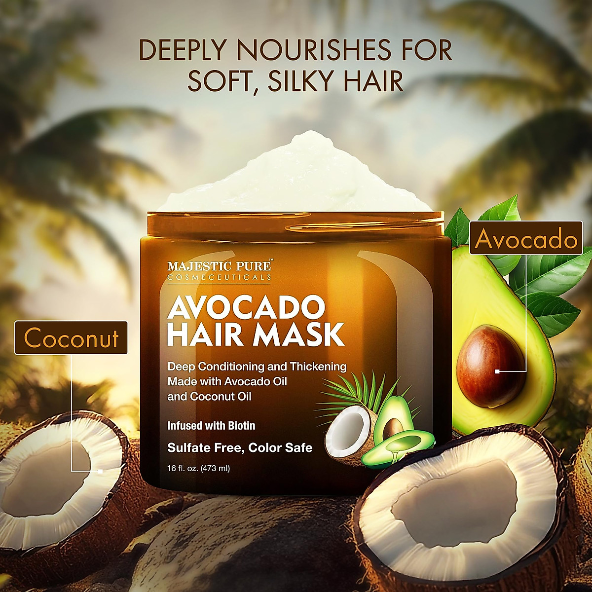 Majestic Pure Avocado and Coconut Hair Mask for Dry Damaged Hair - Infused with Biotin - Deep Conditioning, Hair Thickening, for Healthy Hydrated Hair, Sulfate Free, 16 fl oz