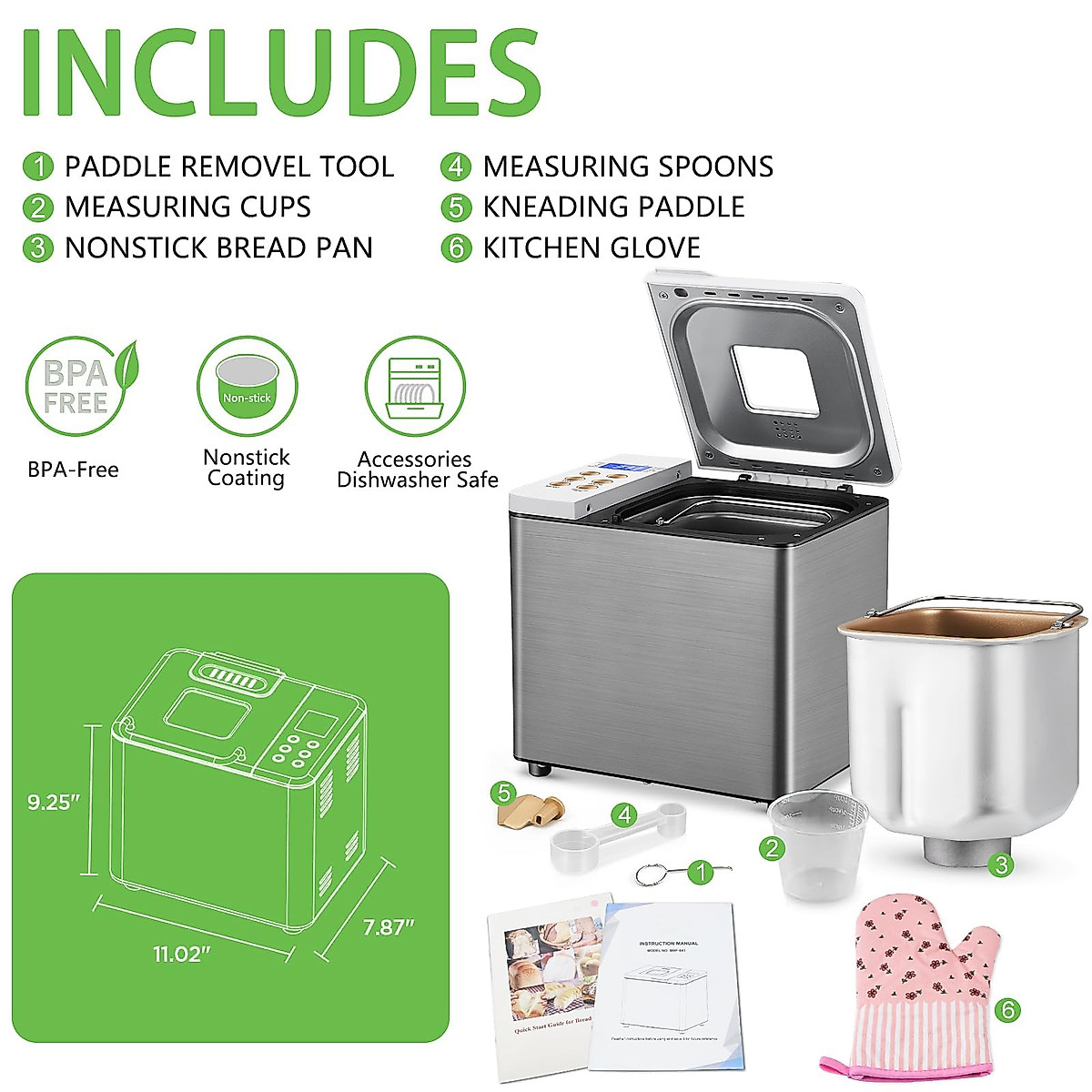 KEEPEEZ Bread Machine Dual-Heaters, 19-in-1 Horizontal Bread Maker, Gluten Free, Sourdough, Pizza Dough, Jam, Stir-Fry Setting, Stainless Steel, 2LB Loaf, 3 Crust Colors, Nonstick Pan, Auto Keep Warm…