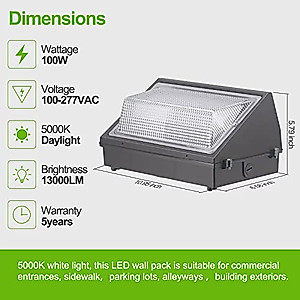 Paktonvo 100W LED Wall Pack Dusk to Dawn, 13000Lm 5000K Daylight Commercial Security Lighting,400-600W MH Equivalent, 100-277V,ETL Certified Outdoor LED Wall Pack Light for Parking Lot Doorway House