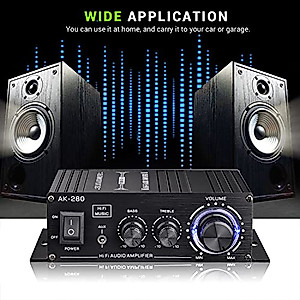 Facmogu AK280 200W+200W Mini 2.0 CH Audio Power Amplifier, 2.0 CH Receiver Speaker Amp with 12V 5A Power Supply, Bass & Treble Control Music Player Sound Amplifier for Car Home Garage